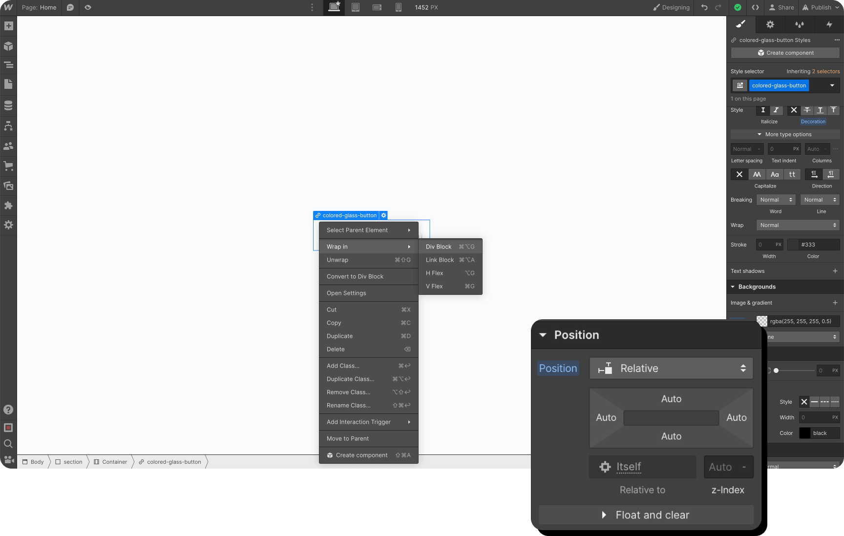 How to create a translucent glass button with colored drop shadow in Figma & Webflow